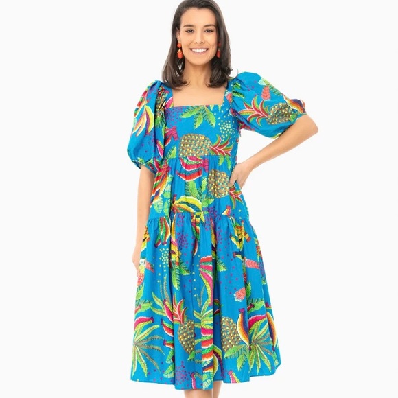 FARM Rio | Dresses | Farm Rio Blue Banana Midi Dress Size S | Poshmark